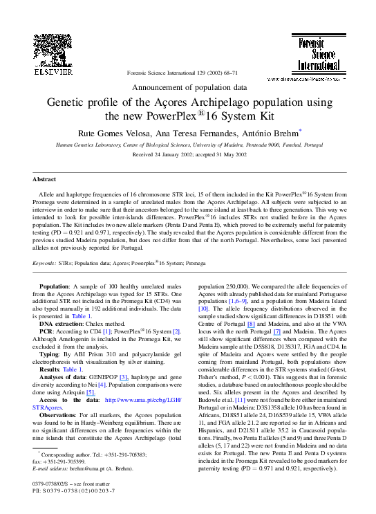 (PDF) Genetic profile of the Açores Archipelago population using the ...