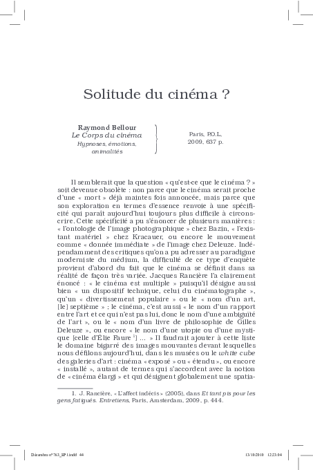 (PDF) Raymond Bellour - Solitude du cinéma