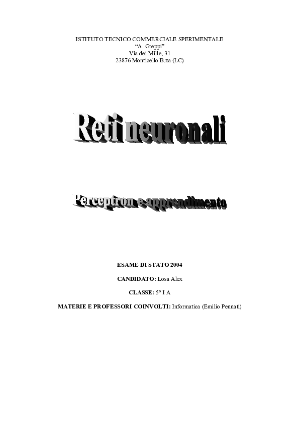 (PDF) Reti neuronali - Perceptron e apprendimento
