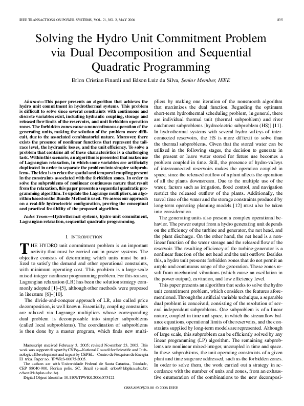 Pdf Solving The Hydro Unit Commitment Problem Via Dual Decomposition And Sequential Quadratic