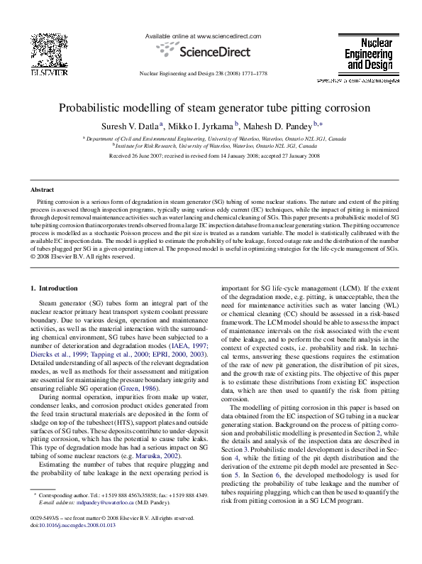(PDF) Probabilistic modelling of steam generator tube pitting corrosion