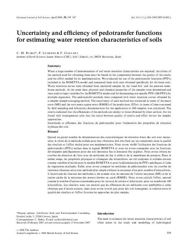 (PDF) Uncertainty and efficiency of pedotransfer functions for estimating water retention ...
