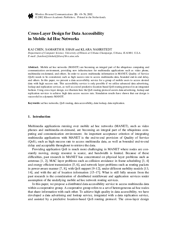 Pdf Cross Layer Design For Data Accessibility In Mobile Ad Hoc Networks
