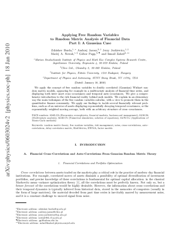 (PDF) Applying Free Random Variables to Random Matrix Analysis of Financial Data