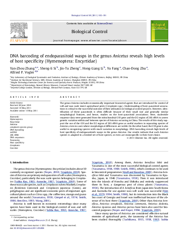 (PDF) DNA barcoding of endoparasitoid wasps in the genus Anicetus reveals high levels of host ...