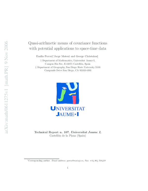 Pdf Quasi Arithmetic Means Of Covariance Functions With Potential