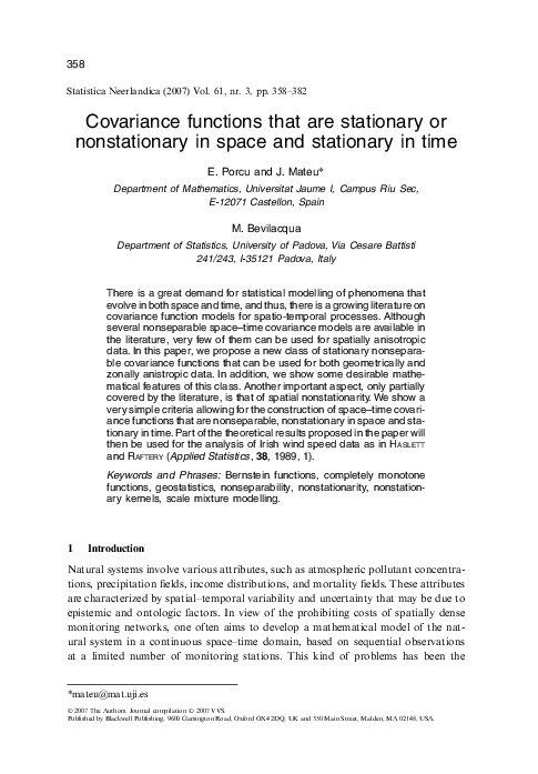Pdf Covariance Functions That Are Stationary Or Nonstationary In Space And Stationary In Time