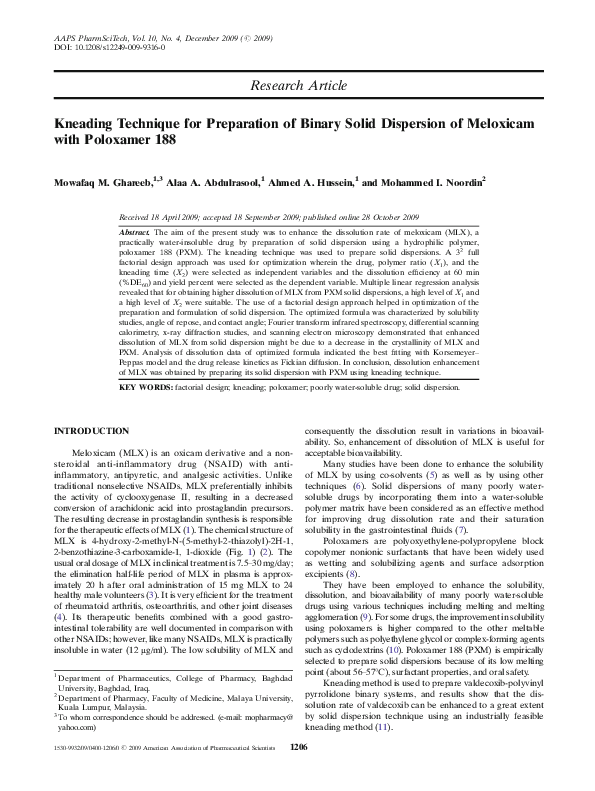 (PDF) Kneading Technique for Preparation of Binary Solid Dispersion of ...