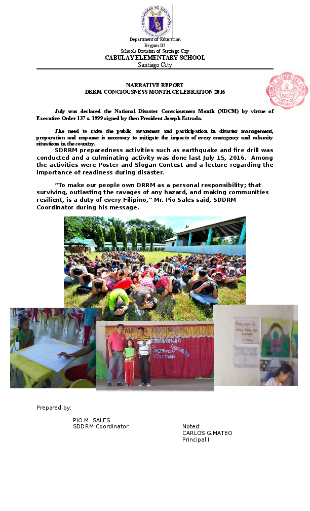 (DOC) CABULAY ELEMENTARY SCHOOL Santiago City NARRATIVE REPORT DRRM ...