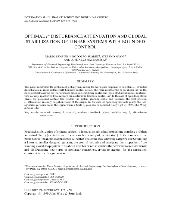 (PDF) Optimall∞ disturbance attenuation and global stabilization of linear systems with bounded ...