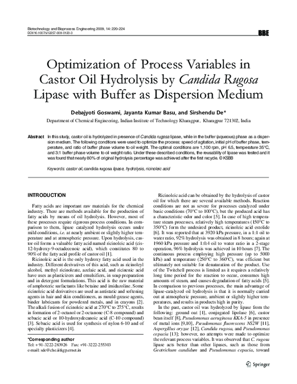 (PDF) Optimization of process variables in castor oil hydrolysis by Candida rugosa lipase with ...