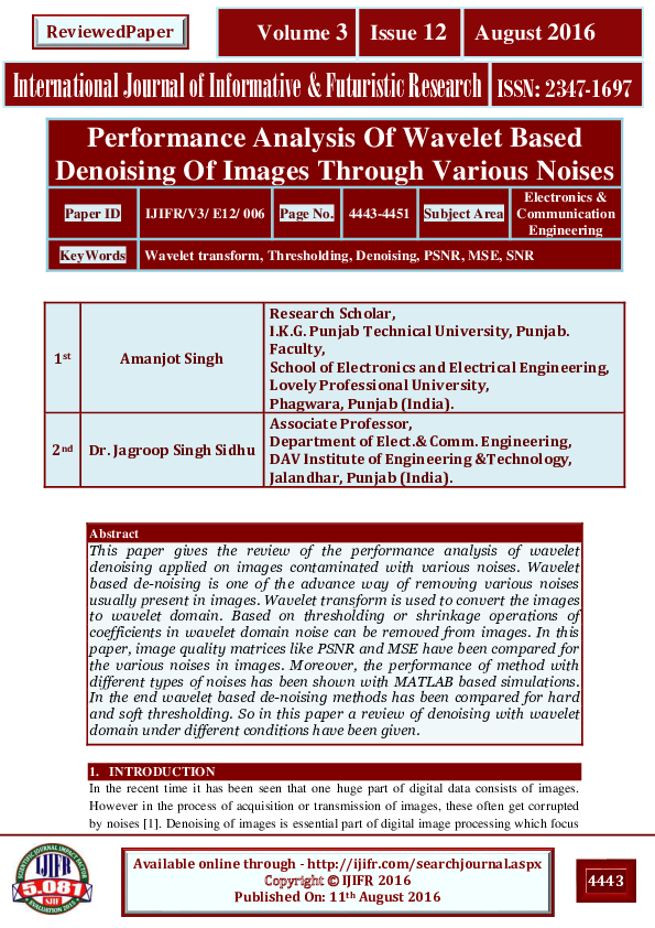 Pdf Performance Analysis Of Wavelet Based Denoising Of Images Through