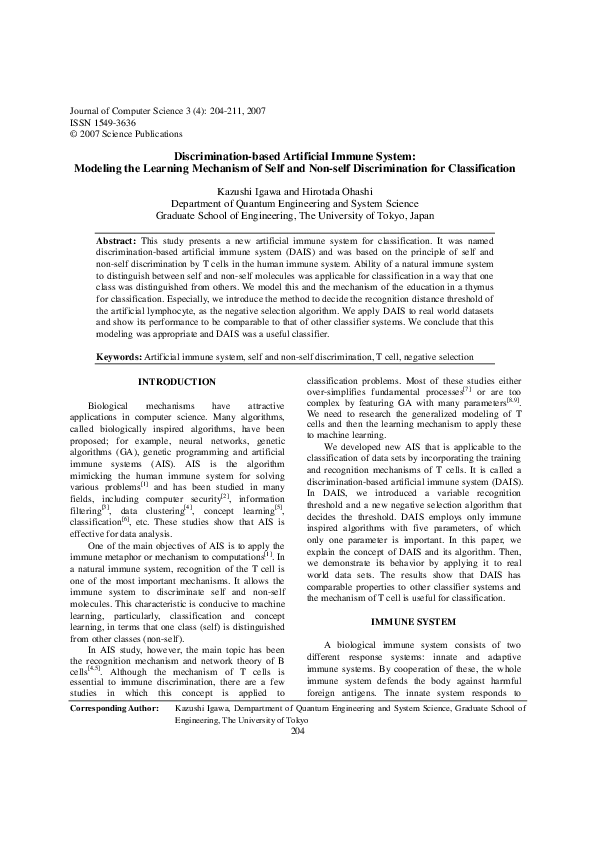 (PDF) Discrimination-based Artificial Immune System: Modeling the Learning Mechanism of Self and ...