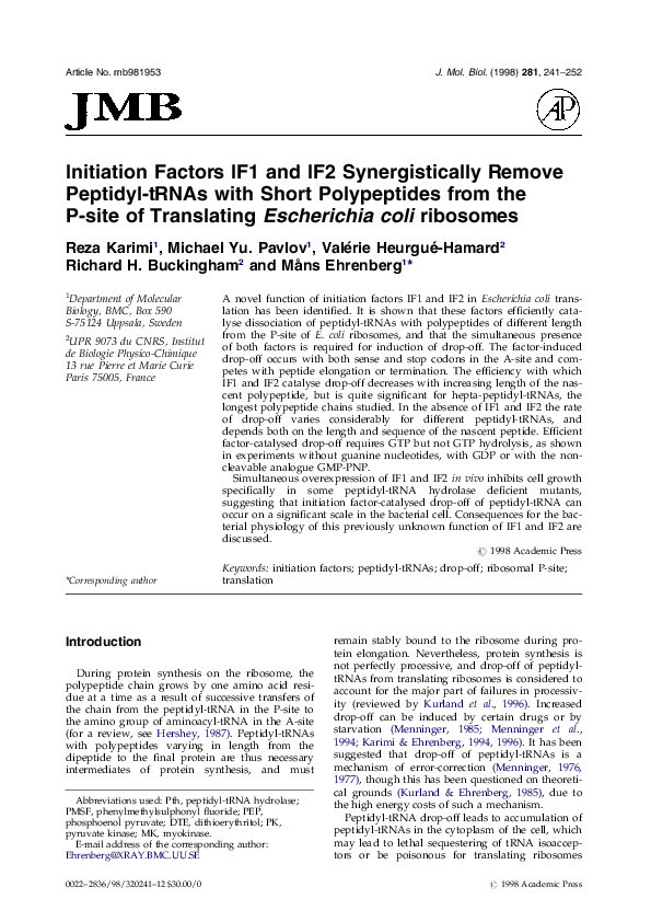 (PDF) Initiation factors IF1 and IF2 synergistically remove peptidyl ...