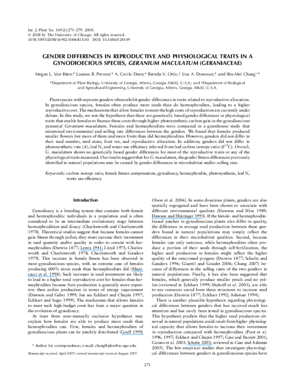 (PDF) Gender Differences in Reproductive and Physiological Traits in a ...