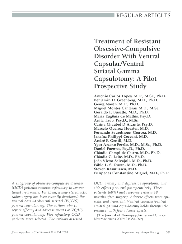 (PDF) Treatment of Resistant Obsessive-Compulsive Disorder With Ventral Capsular/Ventral ...
