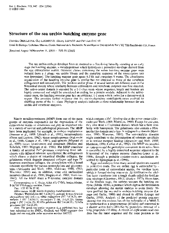 (PDF) Structure of the sea urchin hatching enzyme gene