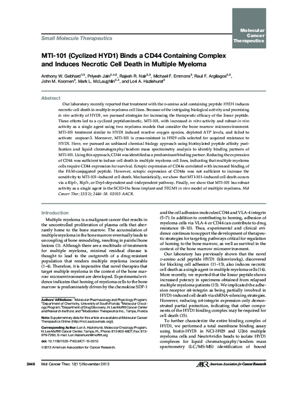 (PDF) MTI-101 (Cyclized HYD1) Binds a CD44 Containing Complex and Induces Necrotic Cell Death in ...