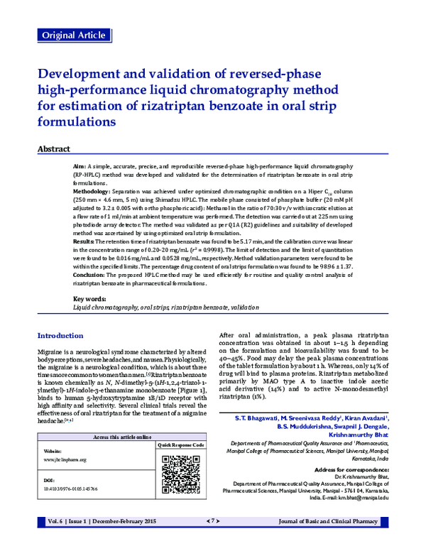 Pdf Development And Validation Of A Reversed Phase Hplc Method For In Vitro Loading And