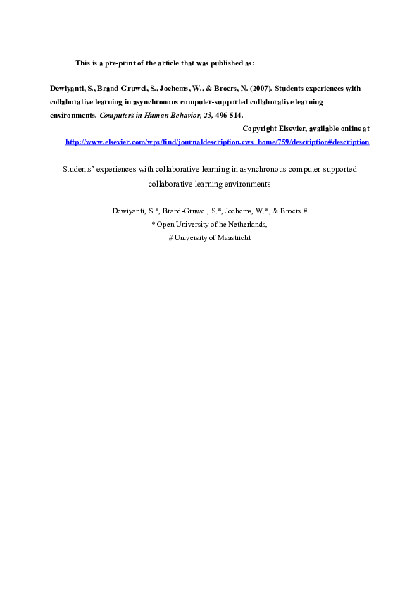 (PDF) Students experiences with collaborative learning in asynchronous computer-supported ...