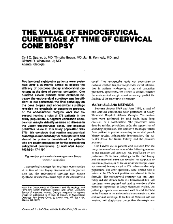 (PDF) THE VALUE OF ENDOCERVICAL CURETTAGE AT TIME OF CERVICAI CONE BIOPSY