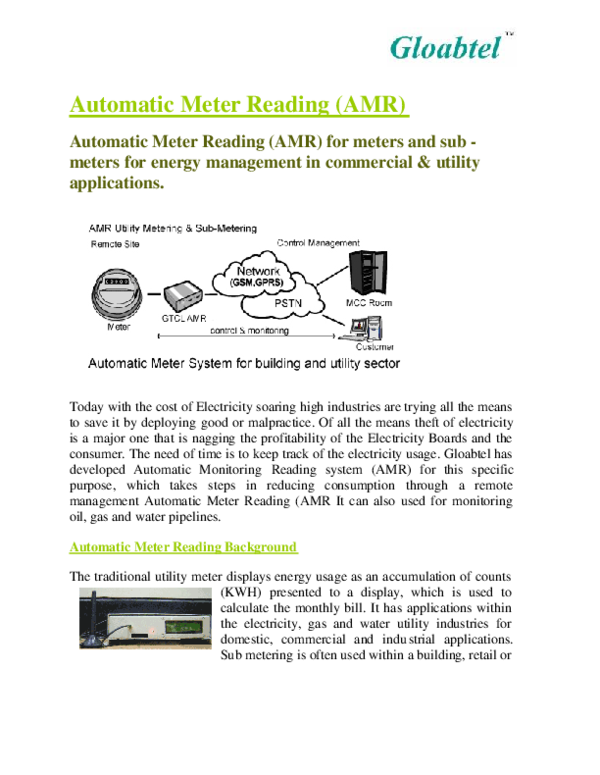 (PDF) Automatic Meter Reading (AMR) Automatic Meter Reading (AMR) for meters and sub - meters ...