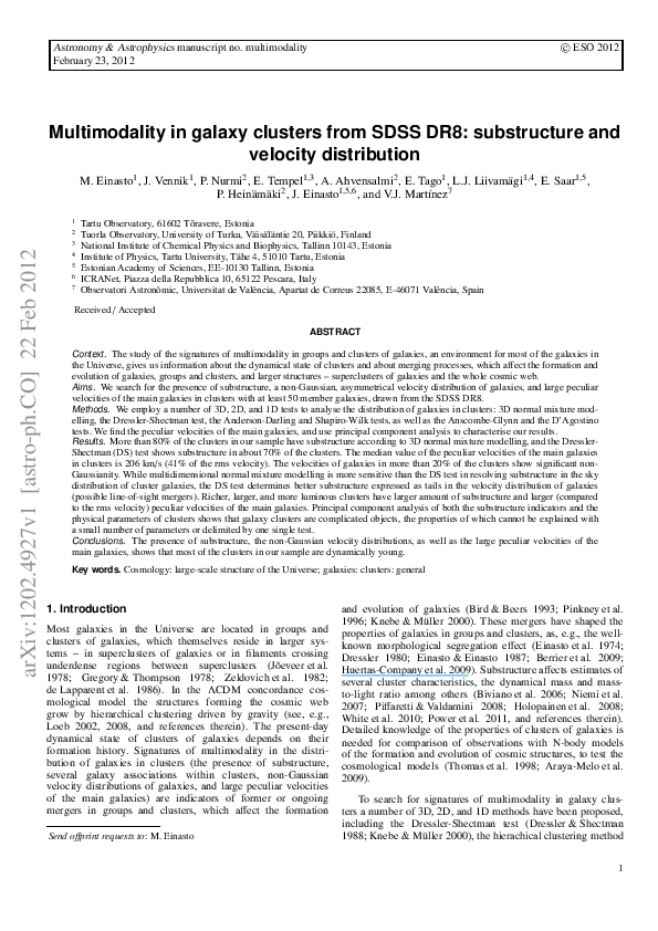 (PDF) Multimodality in galaxy clusters from SDSS DR8: substructure and ...