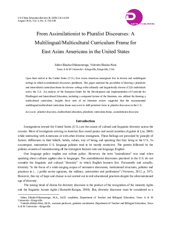 (PDF) From Assimilationist to Pluralist Discourses: A Multilingual ...