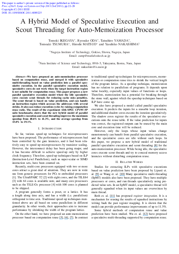 (PDF) A hybrid model of speculative execution and scout threading for auto-memoization processor