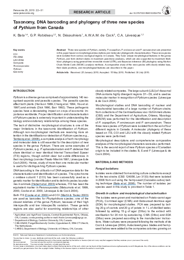 (PDF) Taxonomy, DNA barcoding and phylogeny of three new species of Pythium from Canada