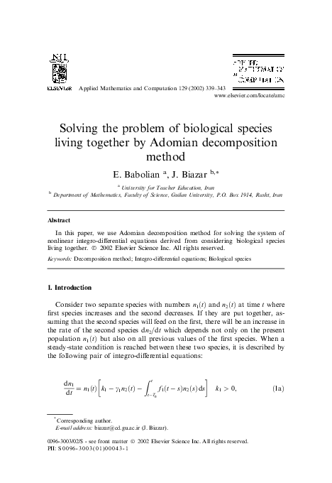 Pdf Solving The Problem Of Biological Species Living Together By Adomian Decomposition Method