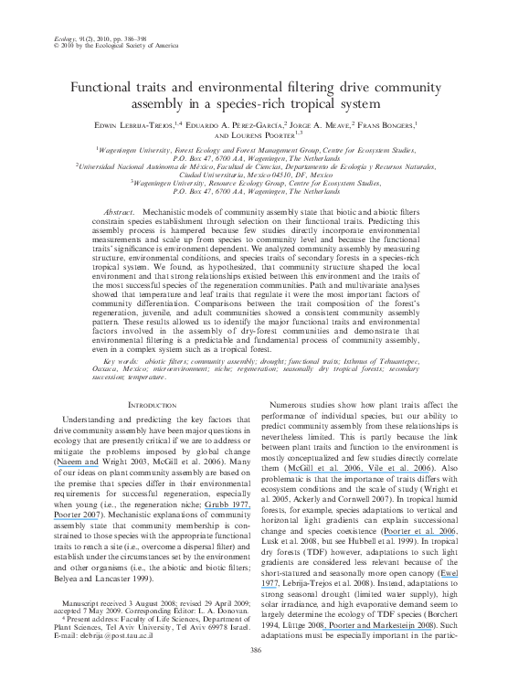 (PDF) Functional traits and environmental filtering drive community ...