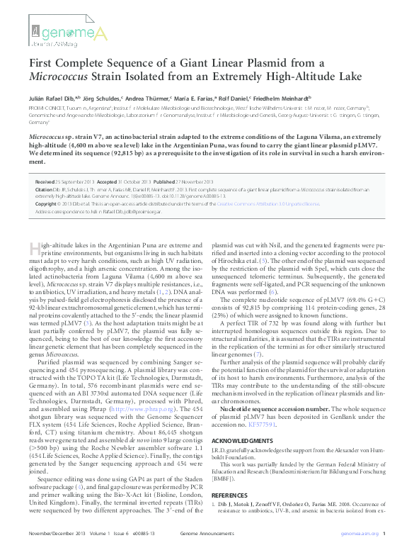 (PDF) First complete sequence of a giant linear plasmid from a ...