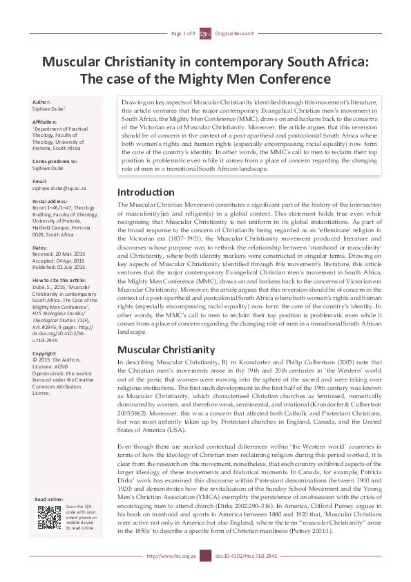 (PDF) Muscular Christianity in Contemporary South Africa: The Case of ...