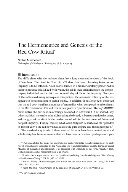 The Hermeneutics and Genesis of the Red Cow Ritual