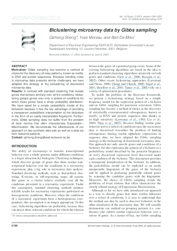 Pdf Biclustering Microarray Data By Gibbs Sampling