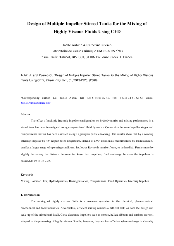 Pdf Design Of Multiple Impeller Stirred Tanks For The Mixing Of Highly Viscous Fluids Using Cfd