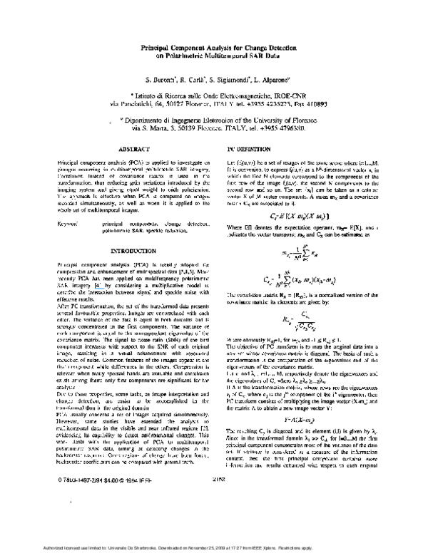 (PDF) Principal component analysis for change detection on polarimetric multitemporal SAR data