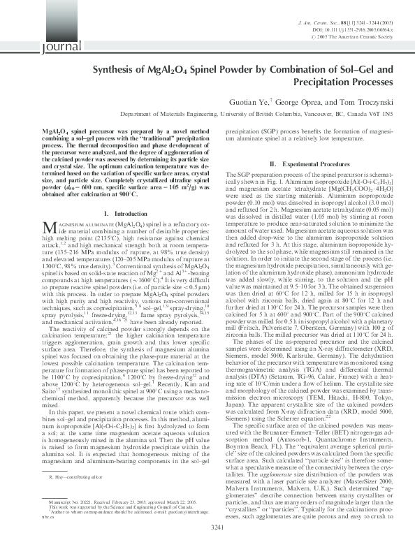 (PDF) Synthesis of MgAl2O4 Spinel Powder by Combination of Sol-Gel and ...
