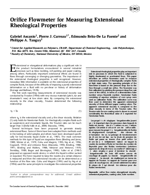 (PDF) Orifice Flowmeter for Measuring Extensional Rheological Properties