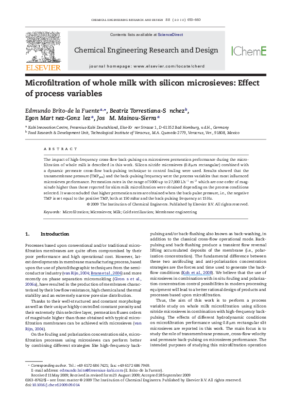 (PDF) Microfiltration of whole milk with silicon microsieves: Effect of ...