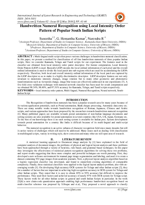 Pdf Handwritten Numeral Recognition Using Local Intensity Order Pattern Of Popular South