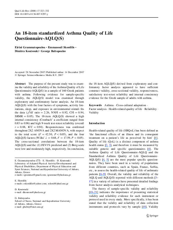 (PDF) An 18-item standardized Asthma Quality of Life Questionnaire-AQLQ(S)