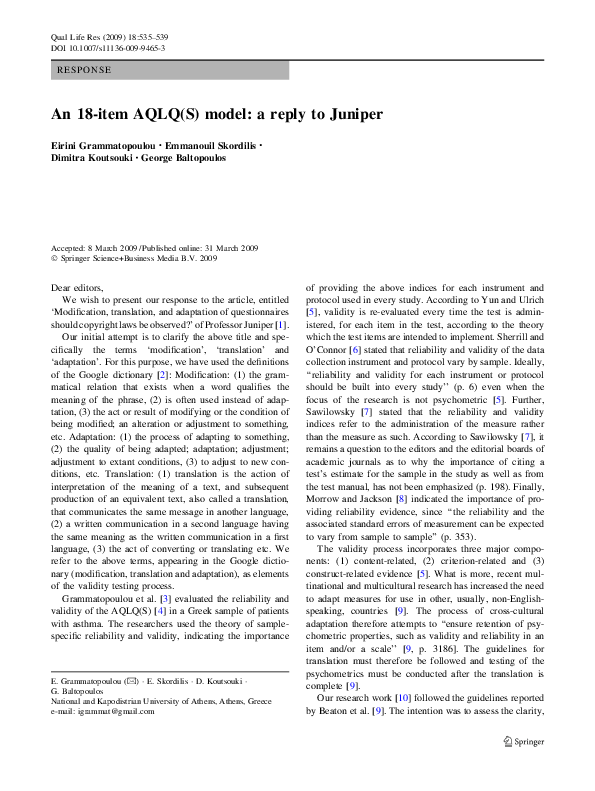 (PDF) An 18-item AQLQ(S) model: a reply to Juniper