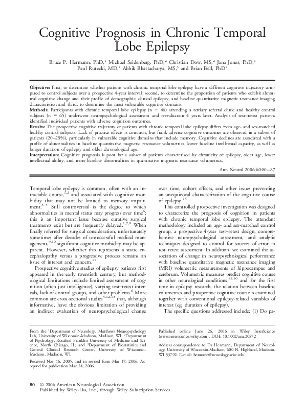 (PDF) Cognitive prognosis in chronic temporal lobe epilepsy