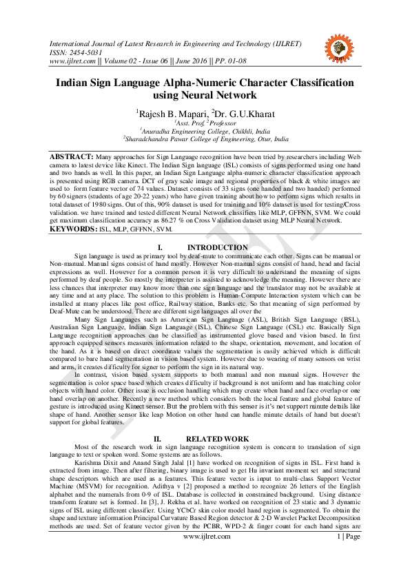 (PDF) Indian Sign Language Alpha-Numeric Character Classification using Neural Network