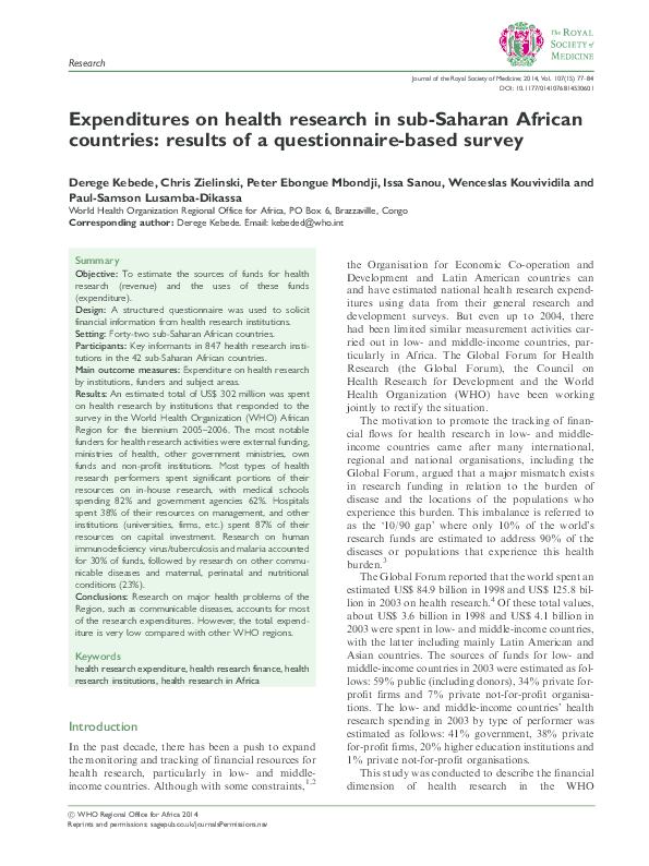 (PDF) Expenditures on health research in sub-Saharan African countries ...