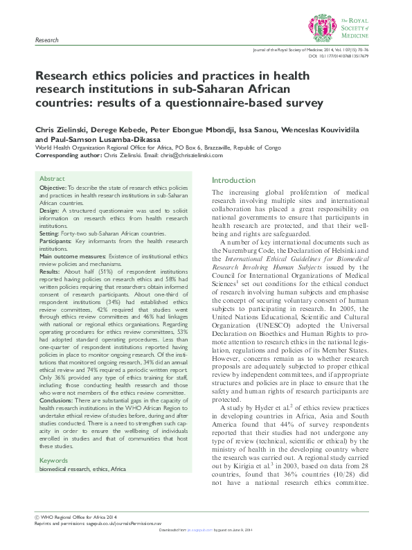 (PDF) Research ethics policies and practices in health research ...