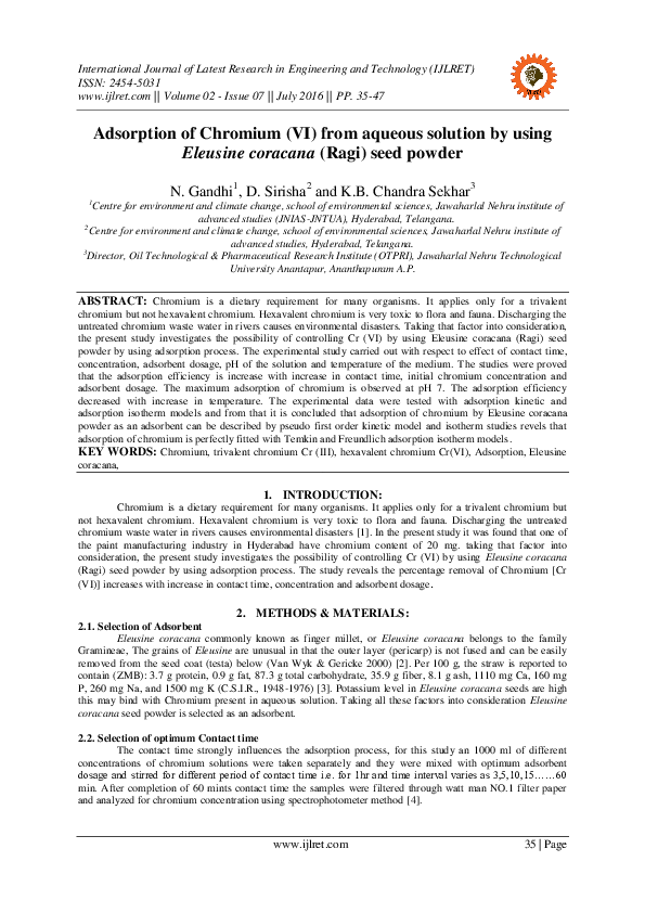 (PDF) Adsorption of Chromium (VI) from aqueous solution by using ...