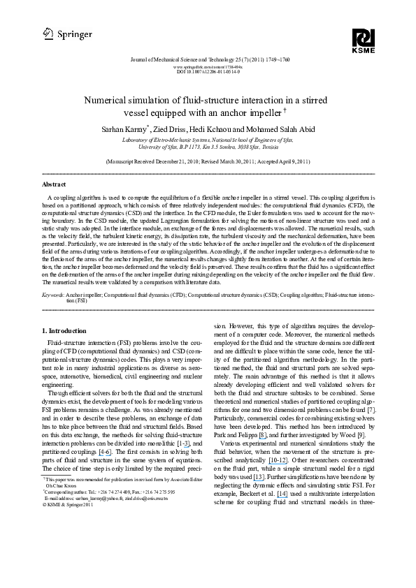 Pdf Numerical Simulation Of Fluid Structure Interaction In A Mems